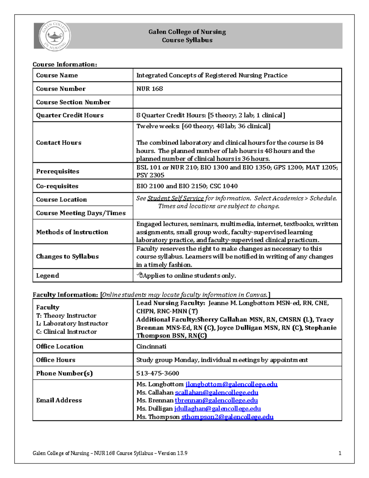 NUR 168 Syllabus Version 13-9 (completed) - Galen College of Nursing ...
