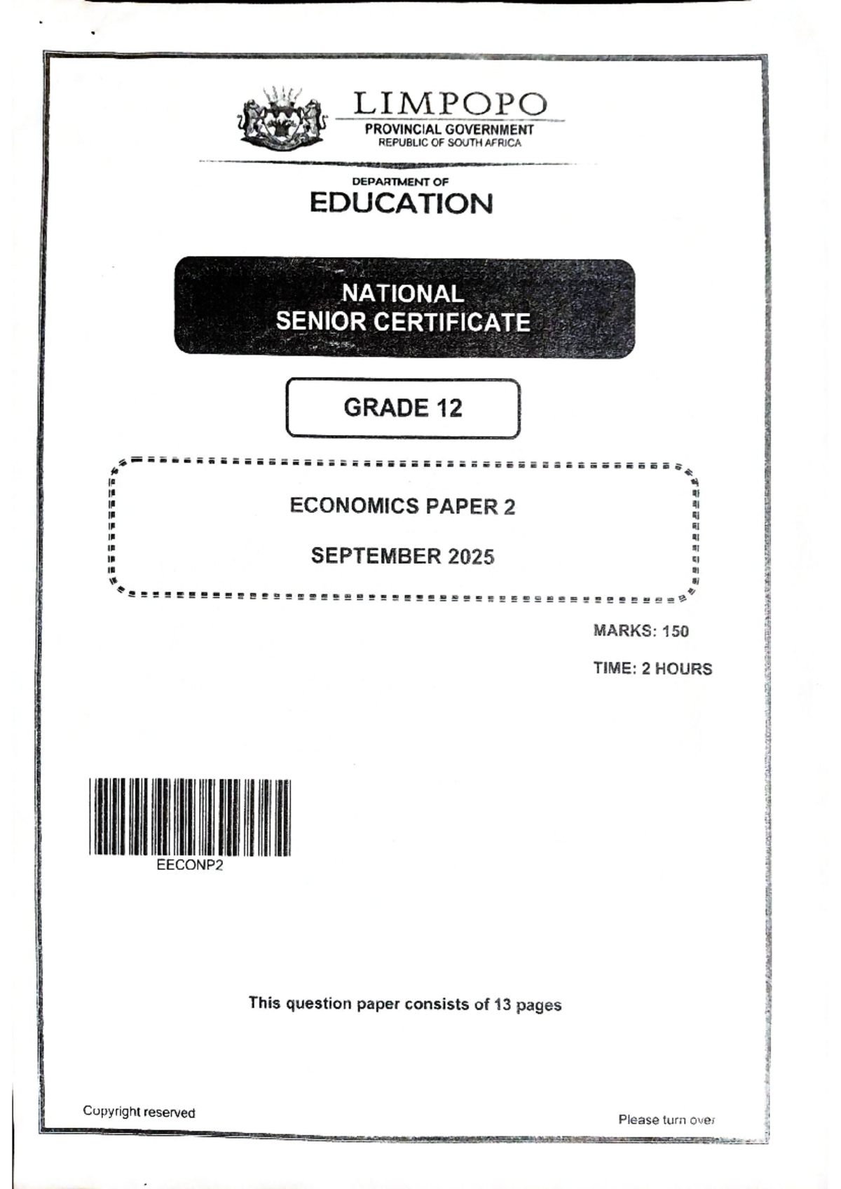 EECONP2 Grade 12 Economics Paper 2 September 2025 Exam Guide - Studocu
