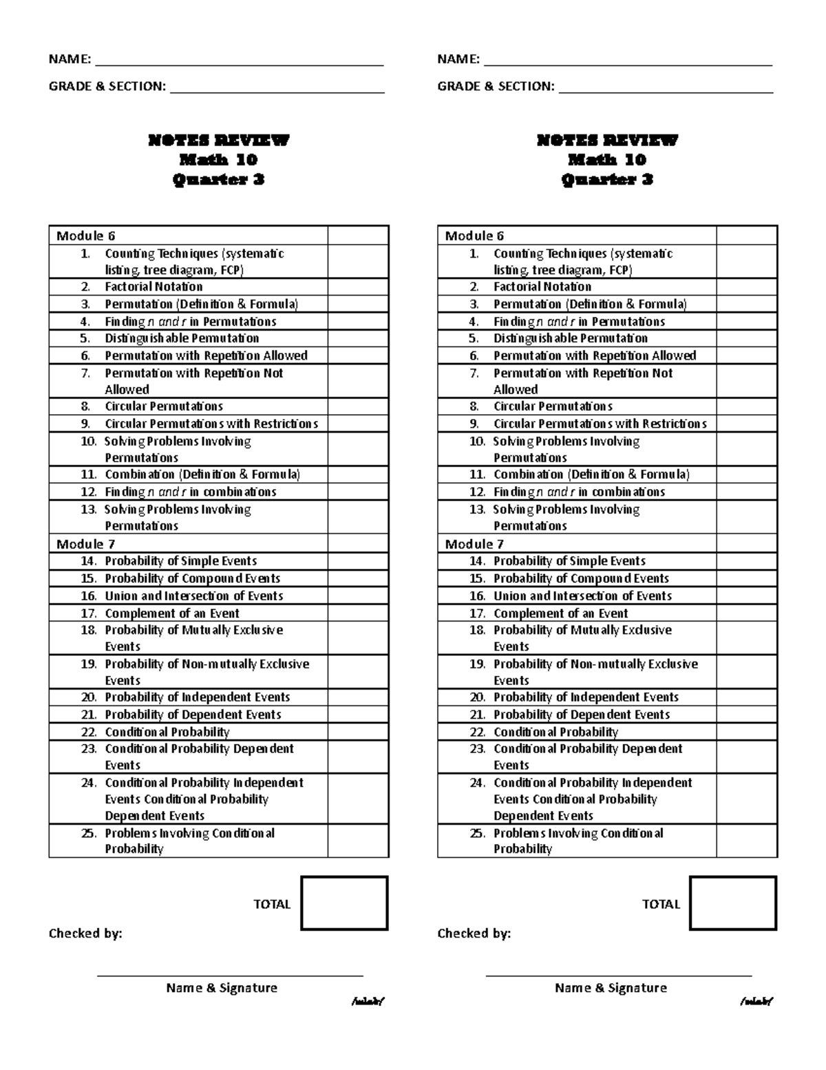 Math 10 Q3 Module 6 & 7 Notes Review: Permutations & Probability - Studocu