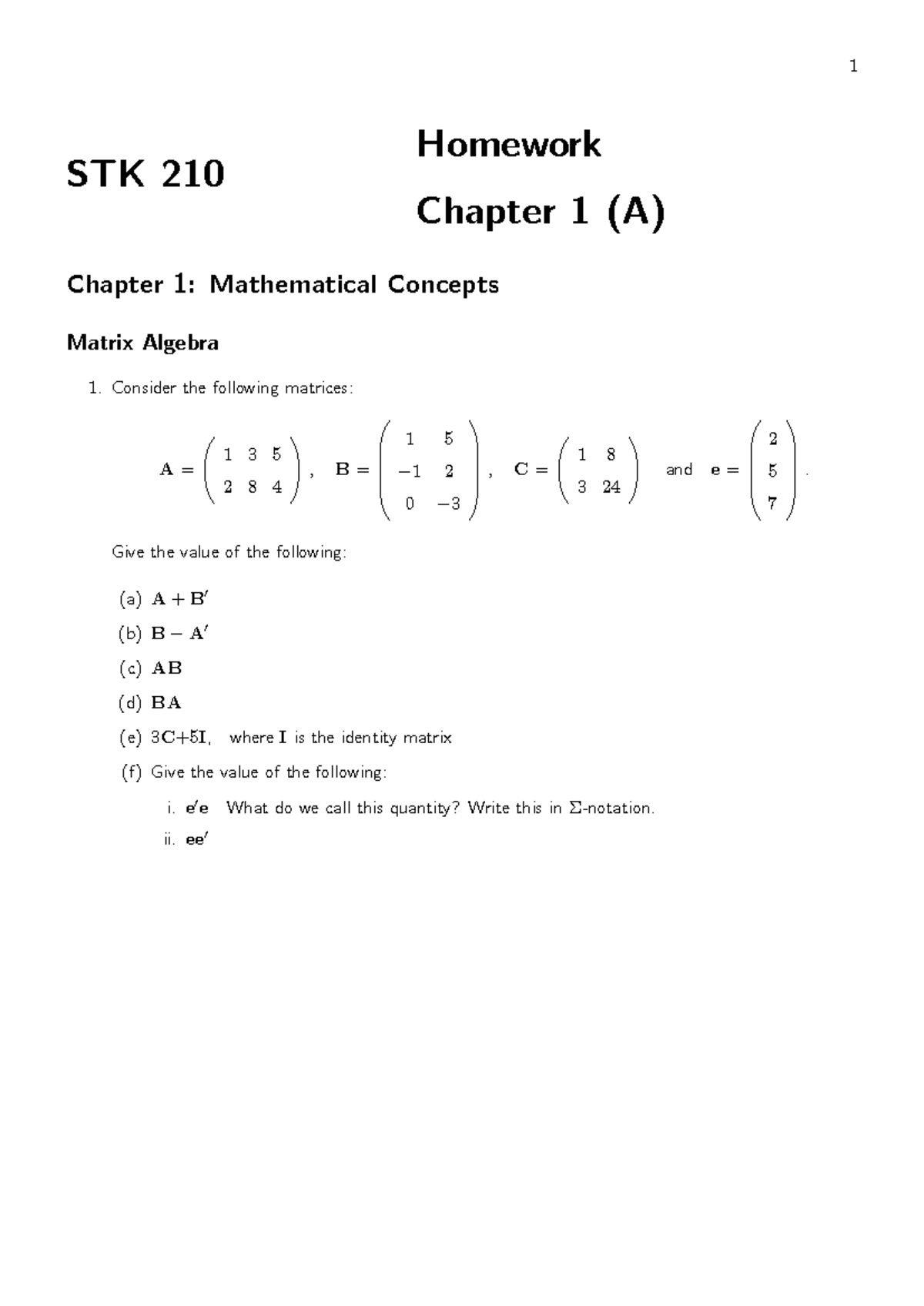 STK 210 Homework: Matrix Algebra Practice Questions Chapter 1A - Studocu