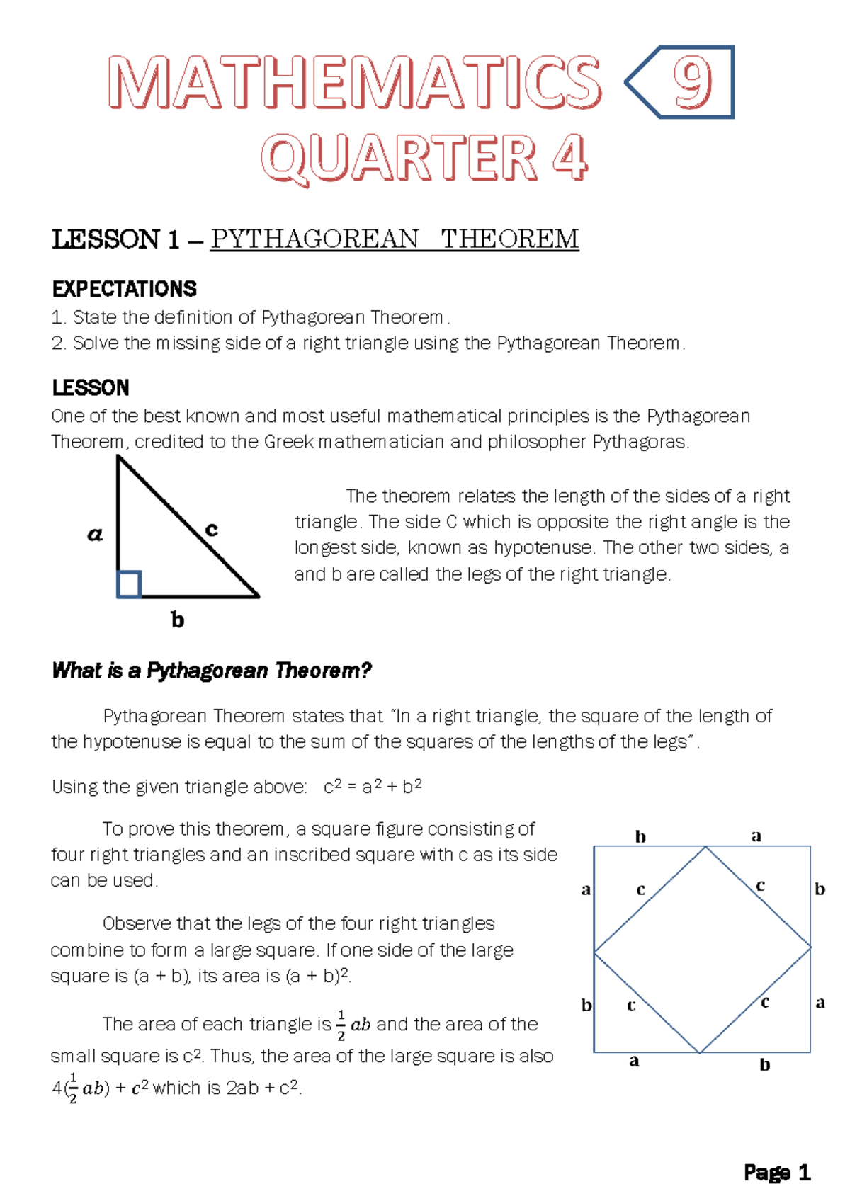 MATH 9 Q4 L1: Understanding the Pythagorean Theorem and Applications ...