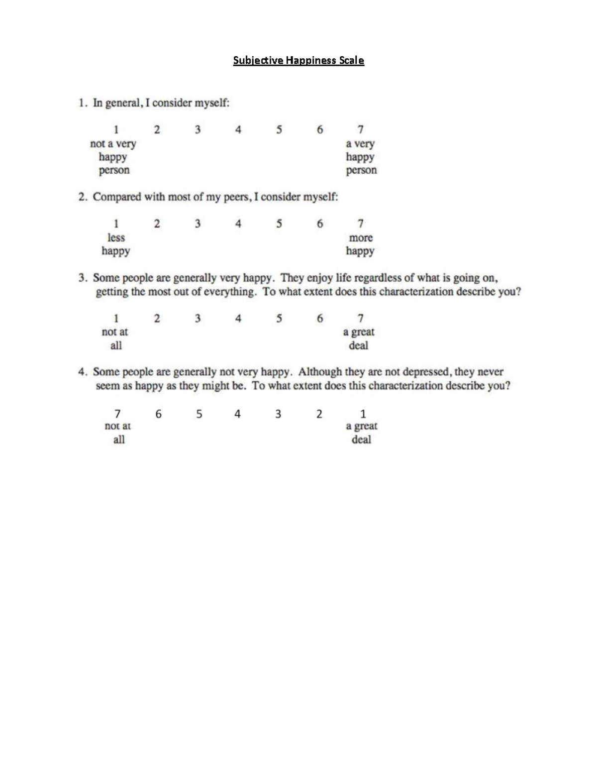 Subjective Happiness Scale: 4-Question Survey Results (10-3-23) - Studocu