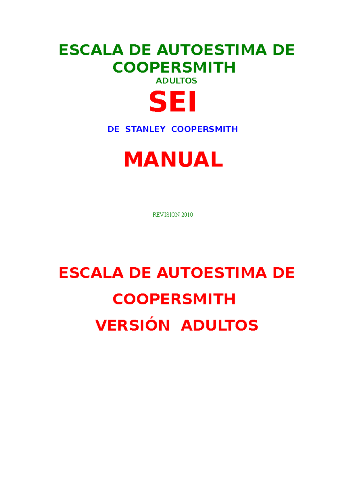 Manual de la Escala de Autoestima Coopersmith para Adultos (SEI) - Studocu