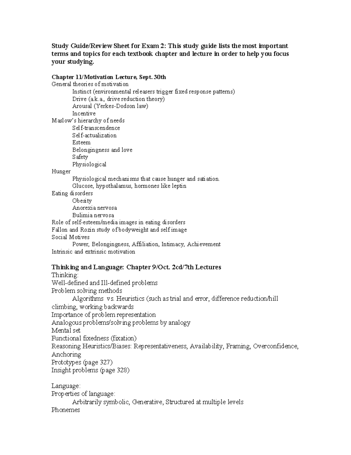 Study Guide for Exam 2: Key Psychology Topics & Theories - Studocu