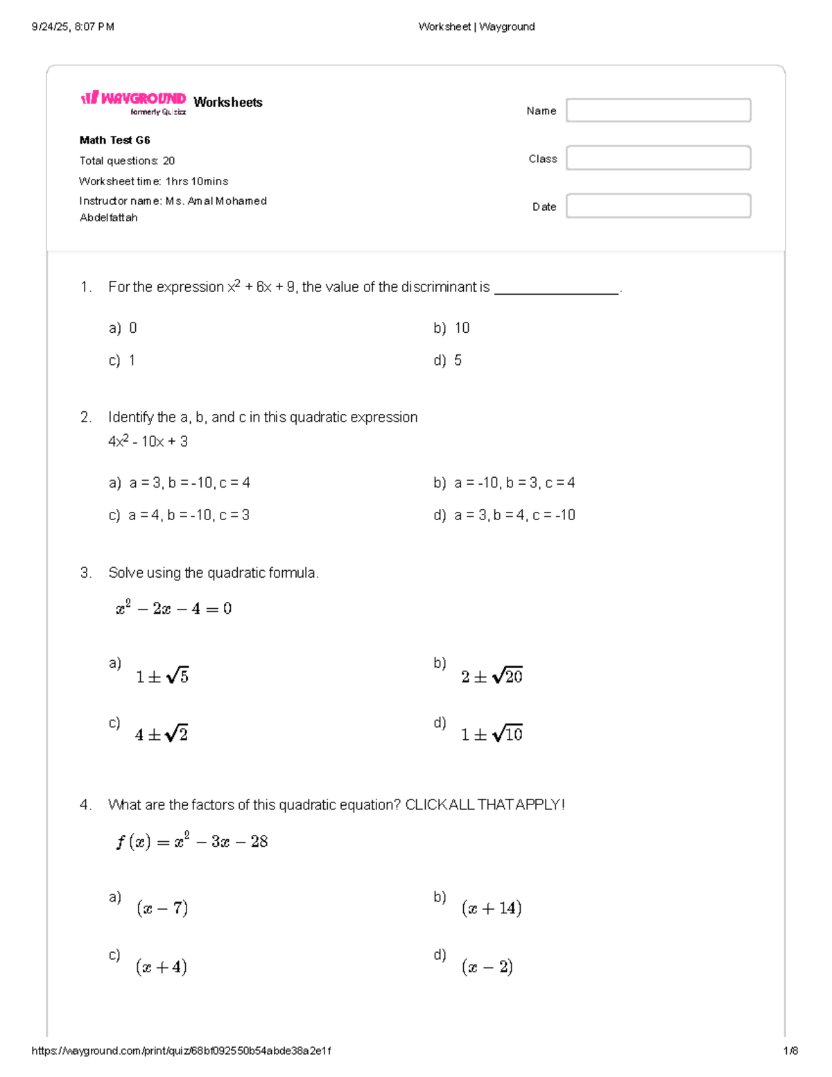 G6 Math Test Worksheet: Quadratic Expressions & Sequences - Studocu