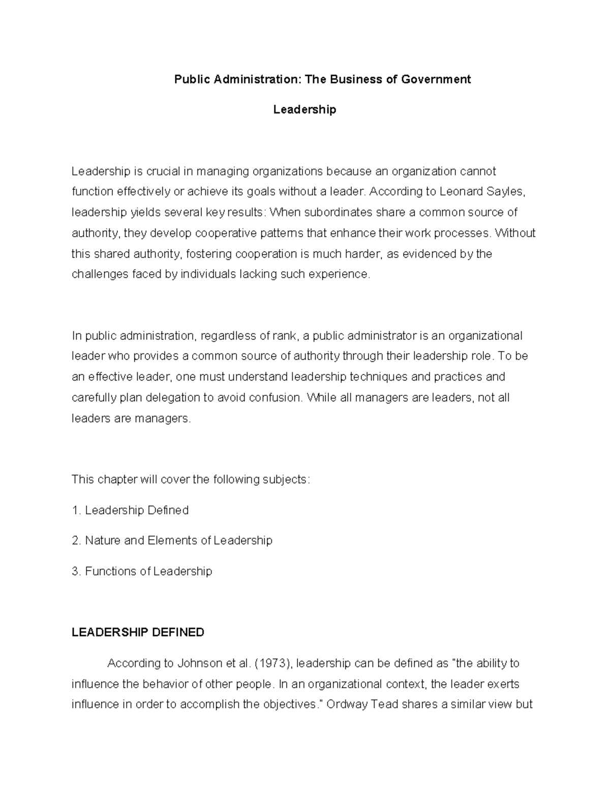 Public Administration (PA 101): Leadership in Government Organizations ...