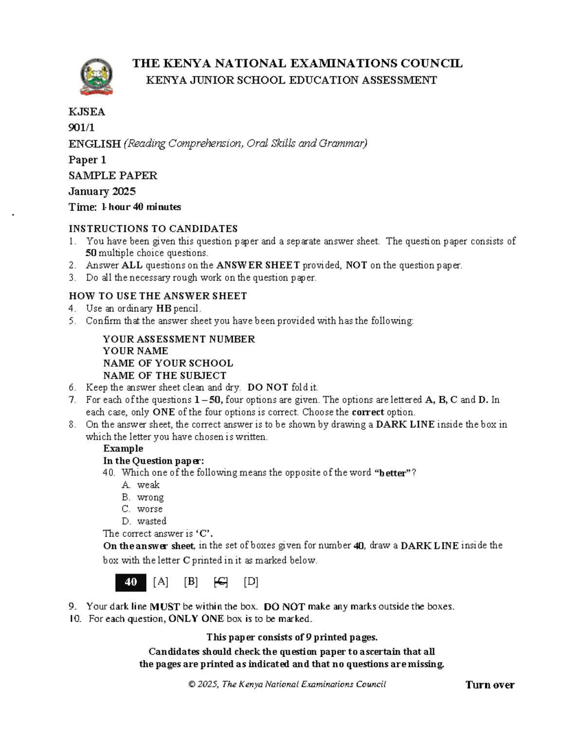 KJSEA English Sample Paper 1: Reading Comprehension & Grammar - Studocu