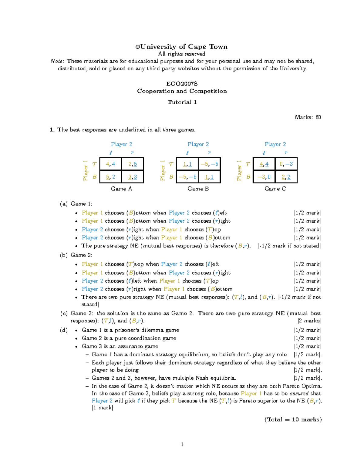 ECO2007S Cooperation and Competition Tutorial 1 Memo - Studocu