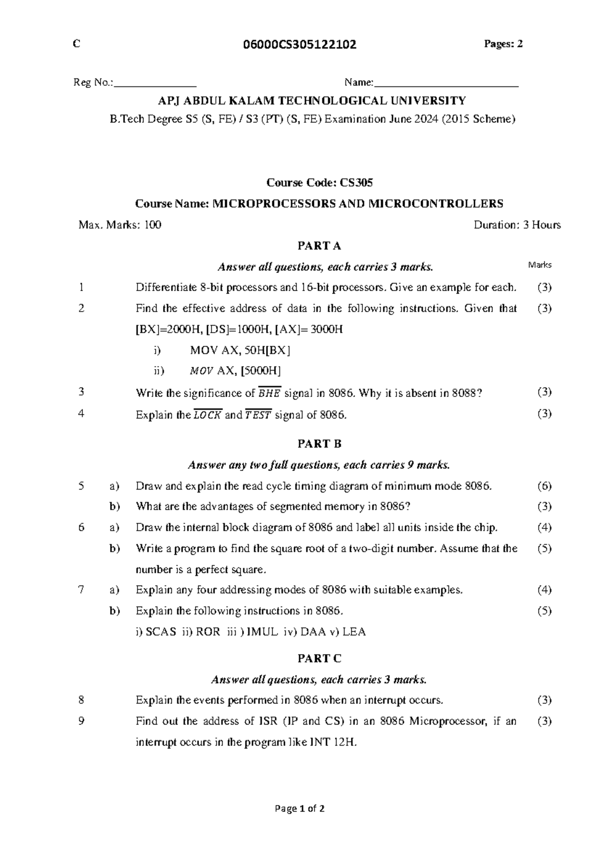 CS305 - Microprocessors and Microcontrollers Exam QP Practice - Studocu