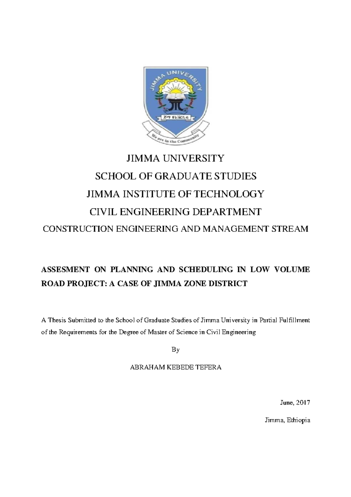 Abraham Kebede Msc Thesis Dessimination - JIMMA UNIVERSITY SCHOOL OF ...