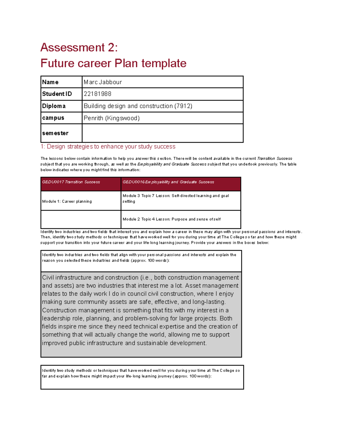 Assessment 2: Future Career Plan Template for GEDU0017 & GEDU0016 - Studocu