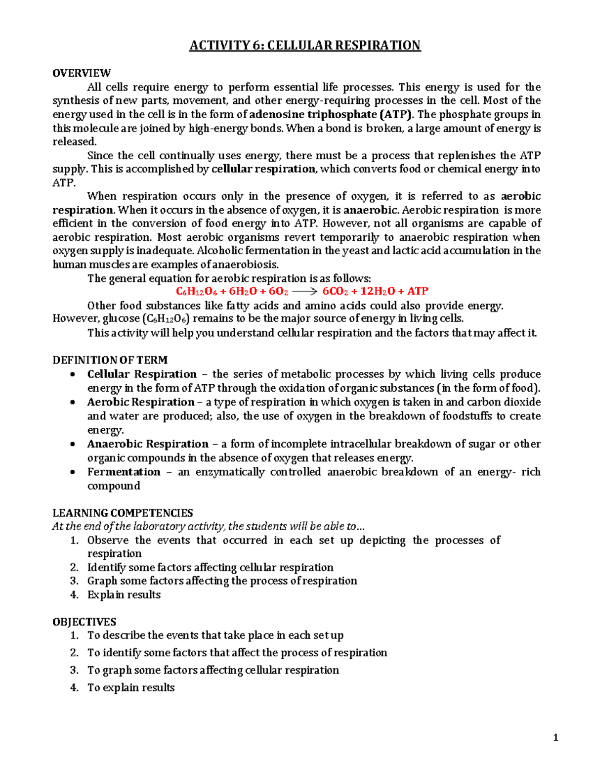Cellular Respiration Lab Activity: Understanding ATP Production - Studocu