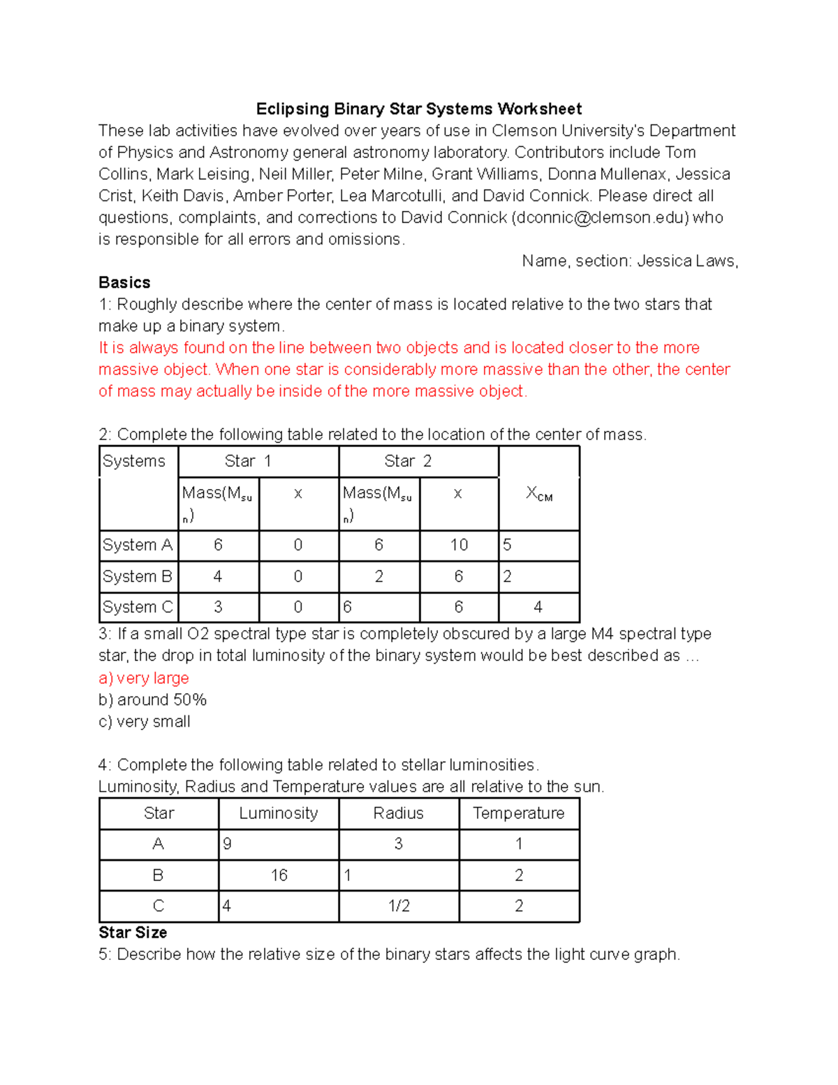 Eclipsing Binary Star Systems Worksheet - Contributors include Tom Collins, Mark Leising, Neil ...