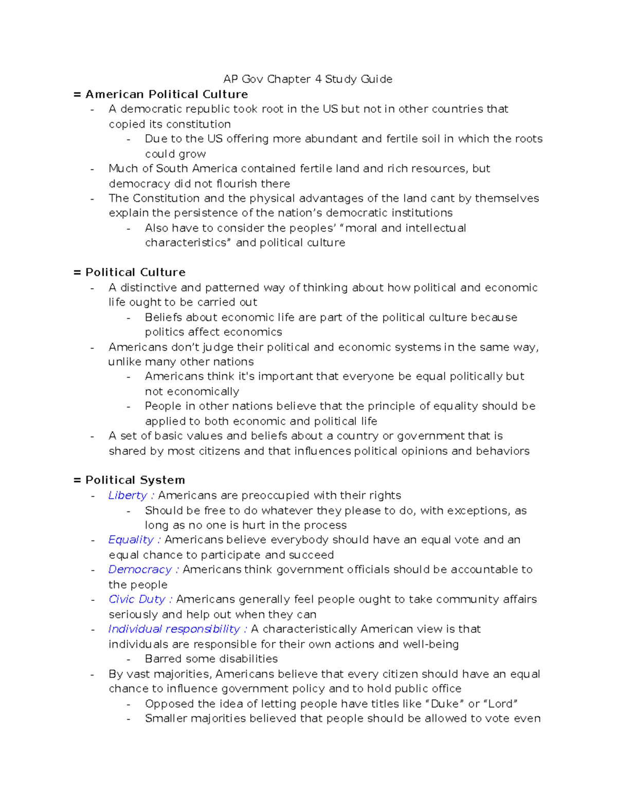 AP Gov Ch 4 Study Guide - American political culture, political system ...