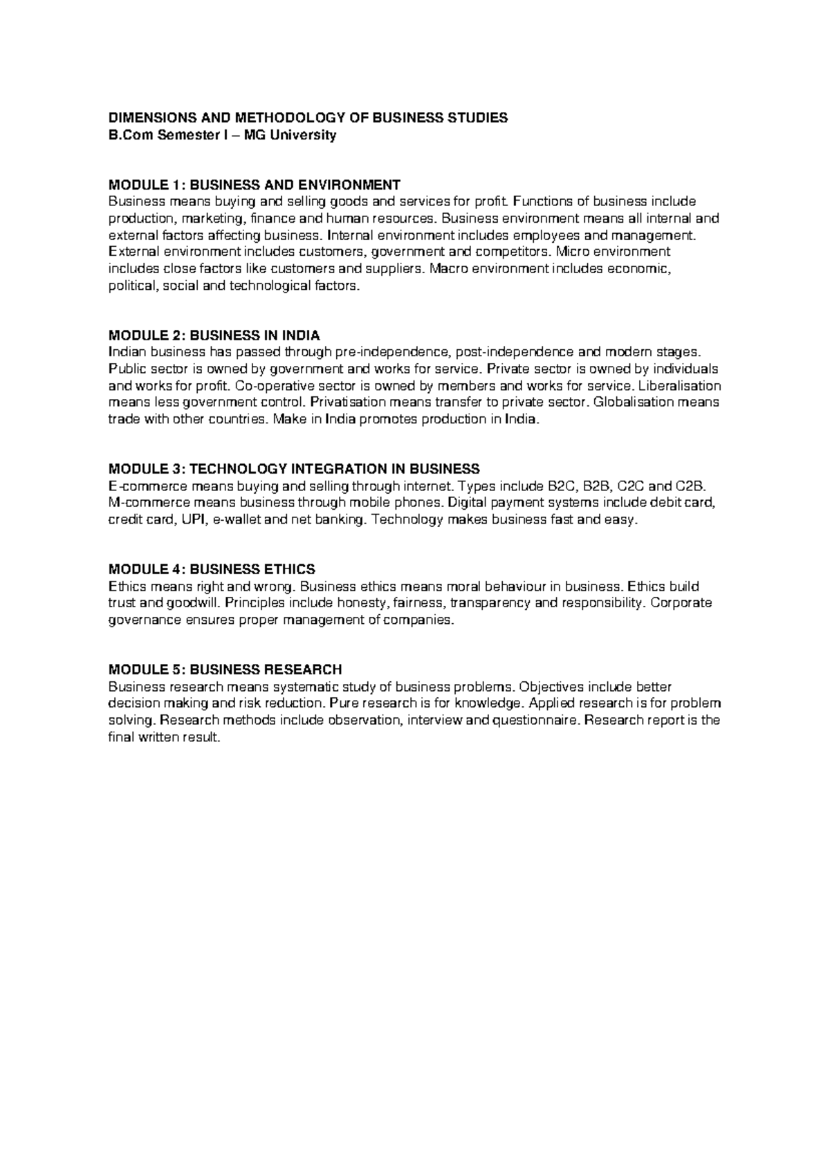 Dimensions and Methodology of Business Studies B.Com Sem I Notes - Studocu