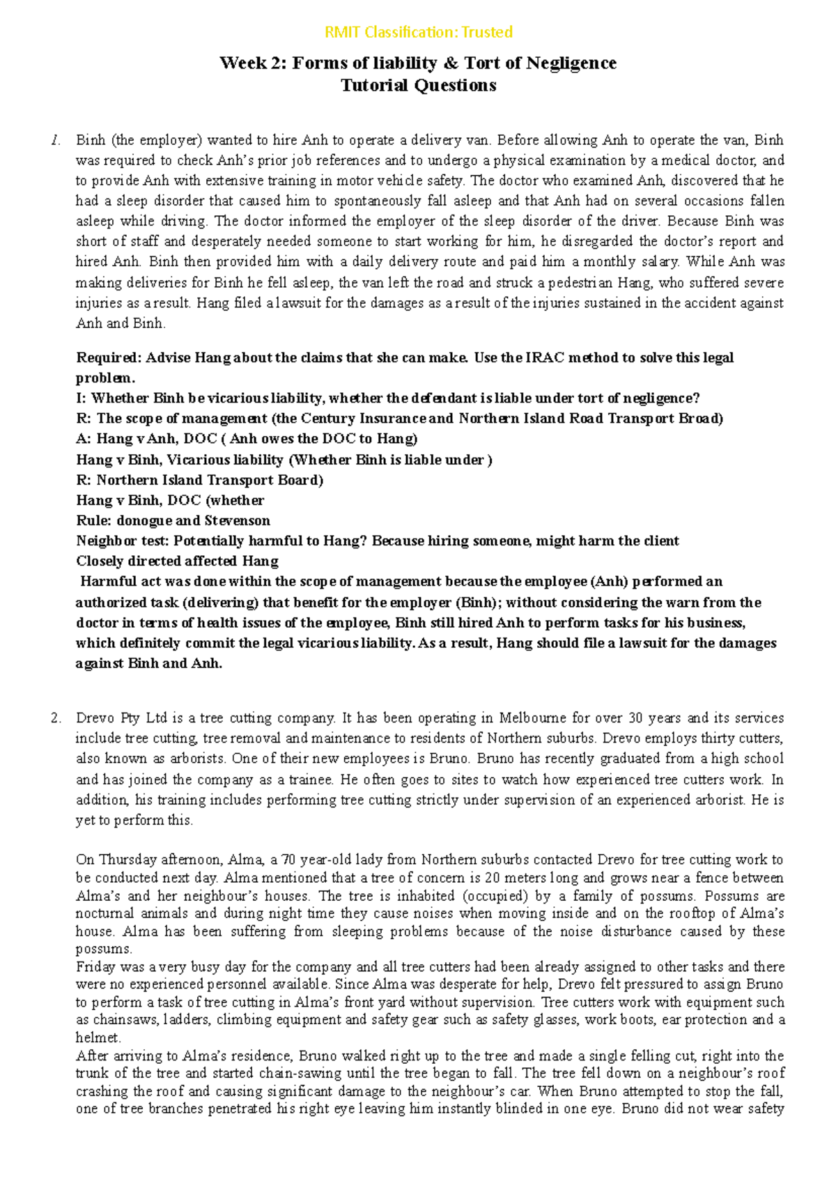 Week 2 Tutorial Questions - Week 2: Forms of liability & Tort of ...