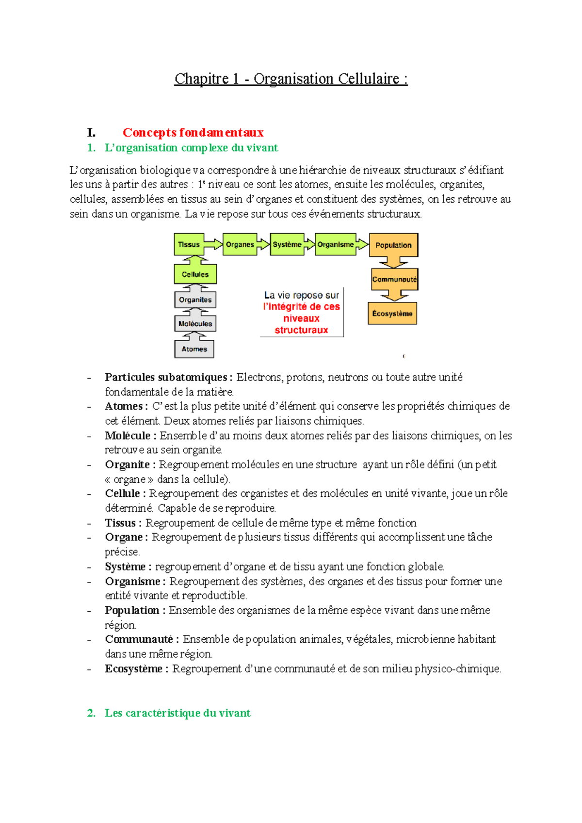 Chapitre 1 - Notes sur l'Organisation Cellulaire pour Cours 1 - Studocu