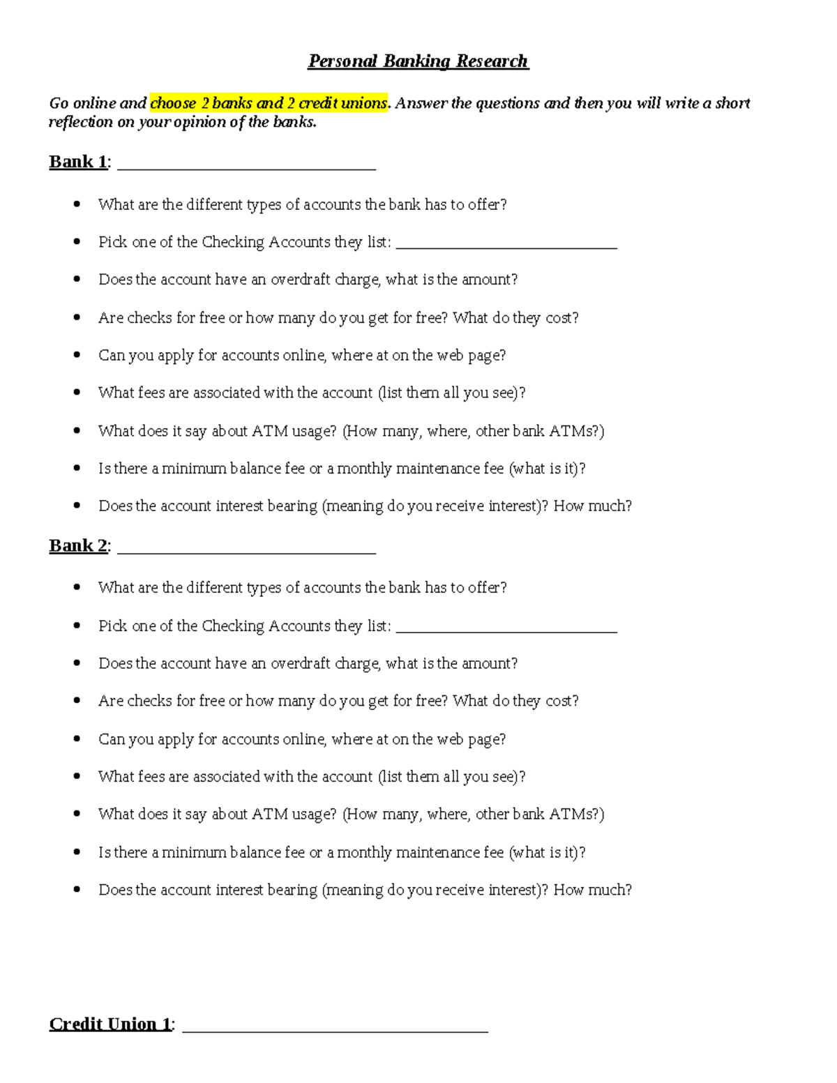 Personal Banking Analysis: Banks & Credit Unions Comparison - Studocu