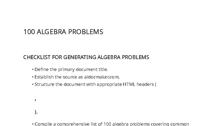 Algebra Problems Practice: 100 Problem Checklist for Mastery - Studocu