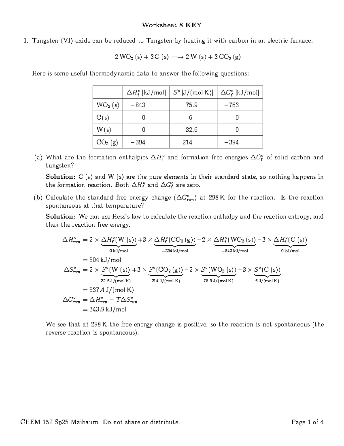 CHEM 152 Sp25 WS8 Key: Thermodynamics of Tungsten Reduction - Studocu