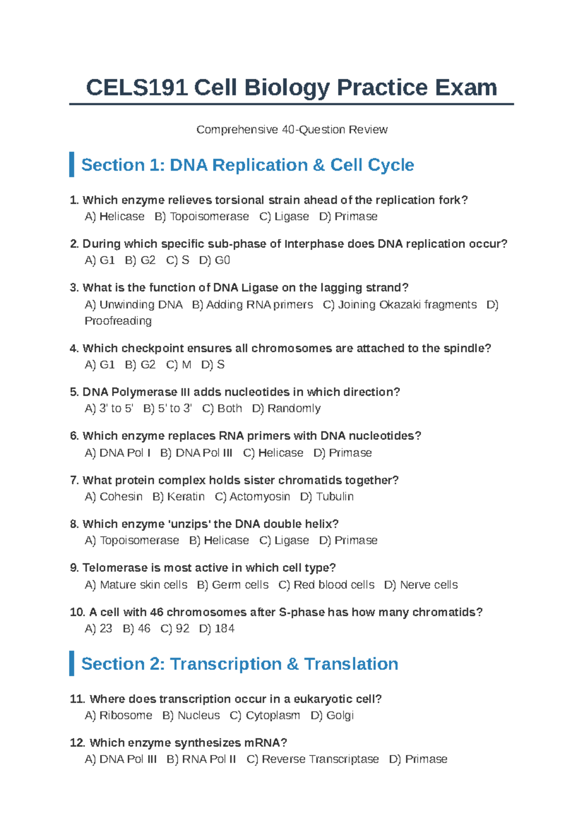 CELS191 Cell Biology Practice Exam: 40 MCQs on DNA & Genetics - Studocu