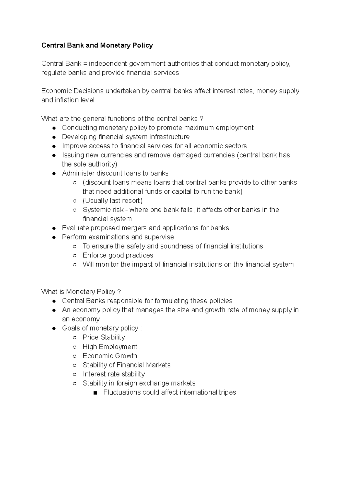 BFW 1001 - Central Bank Functions and Monetary Policy Overview - Studocu