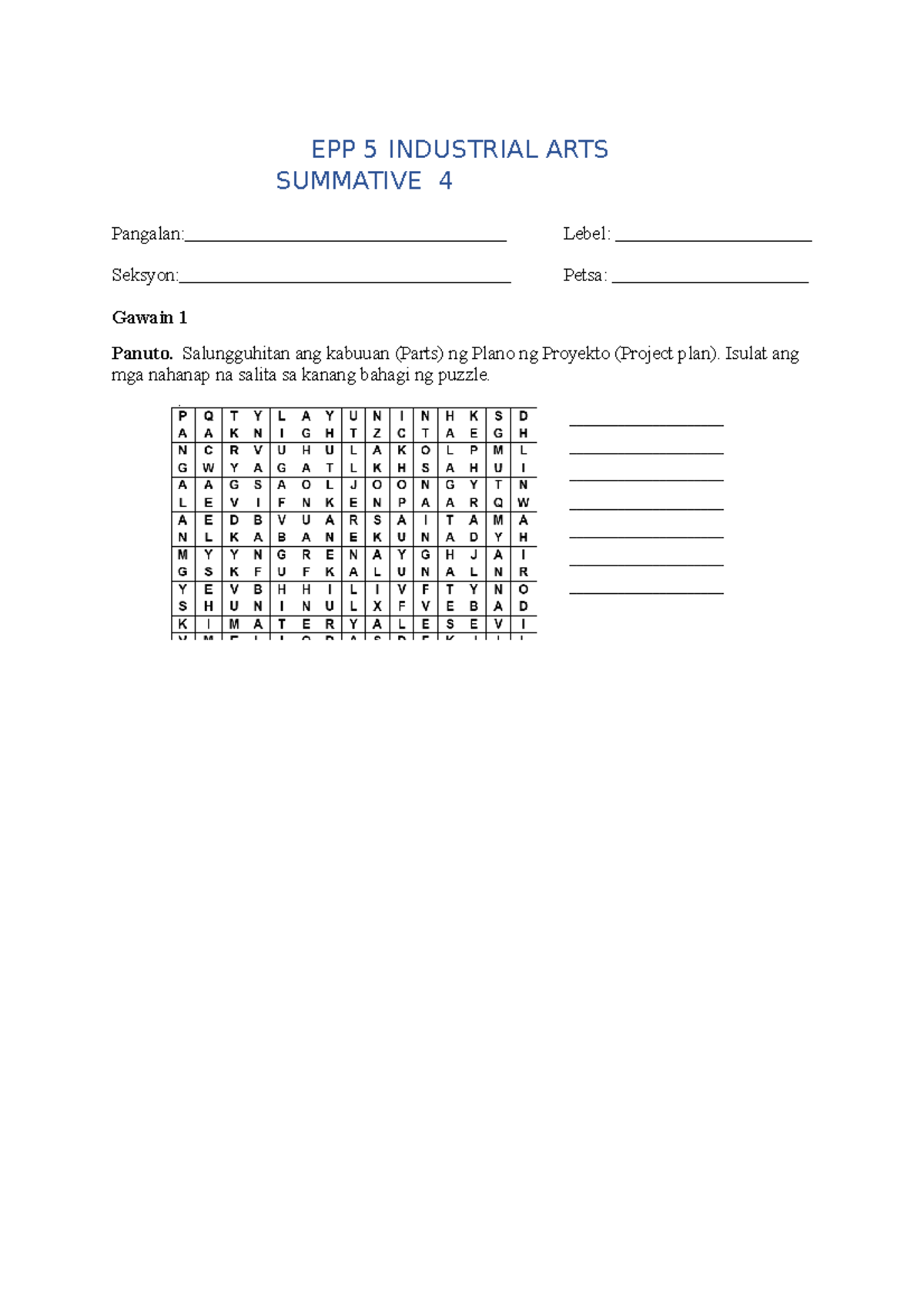 EPP 5 Industrial ARTS Summative 5 - EPP 5 INDUSTRIAL ARTS SUMMATIVE 4 ...