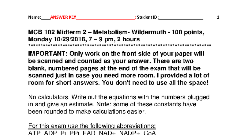 MCB 102 Midterm 2 F2018 Exam Key and Important Guidelines - Studocu