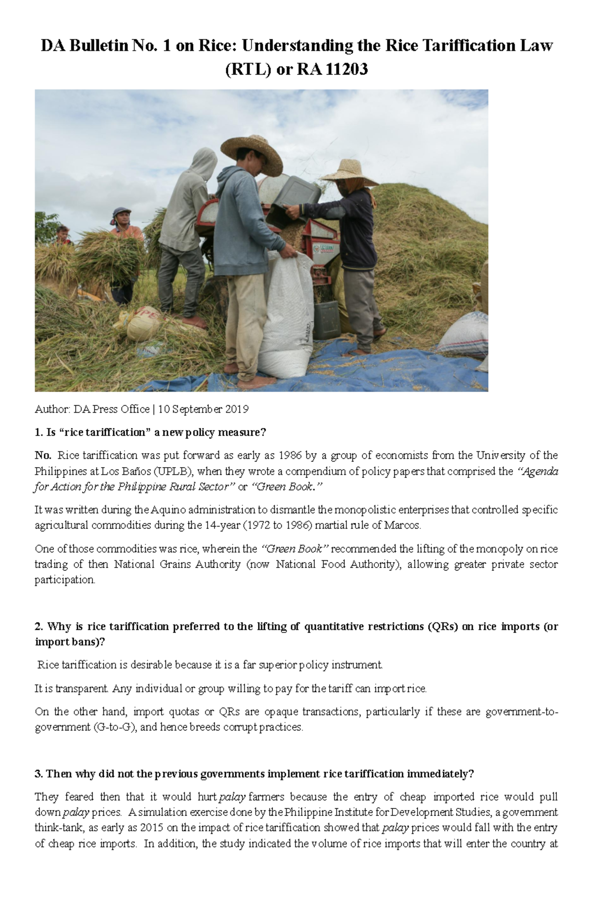 DA Bulletin No. 1: Insights on Rice Tariffication Law (RTL) RA 11203 ...