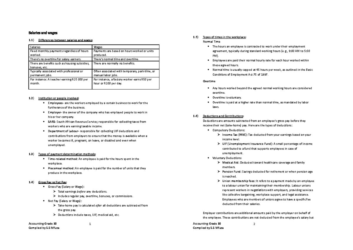 Accounting Grade 10: Understanding Salaries & Wages - Studocu