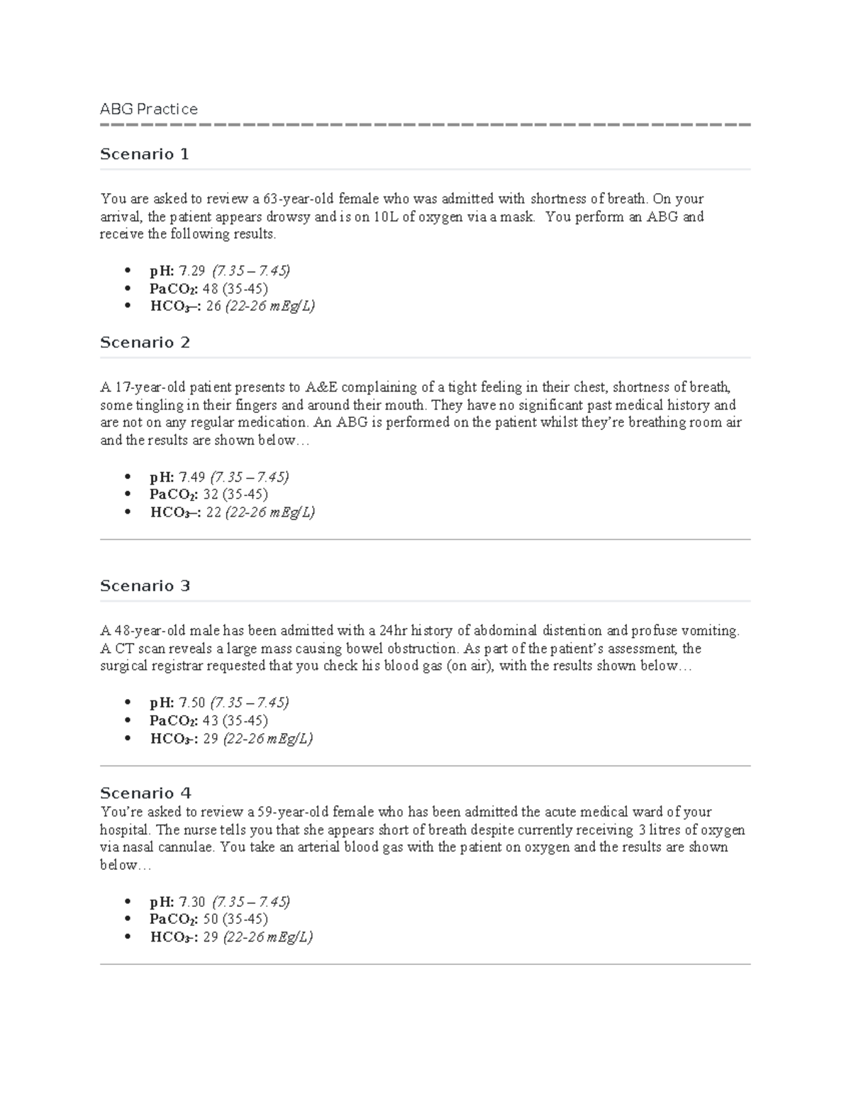 ABG Practice Scenarios for Extra Study Review - Studocu