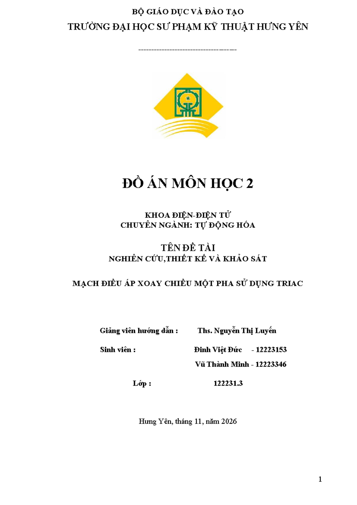 Đồ Án Môn Học 2: Nghiên Cứu Mạch Điều Áp Xoay Chiều 1 Pha Sử Dụng Triac ...