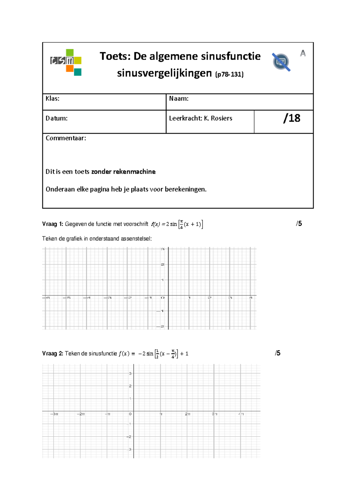 Toets A De algemen sinusfuncties + sinusvergelijkingen van p78-131 ...