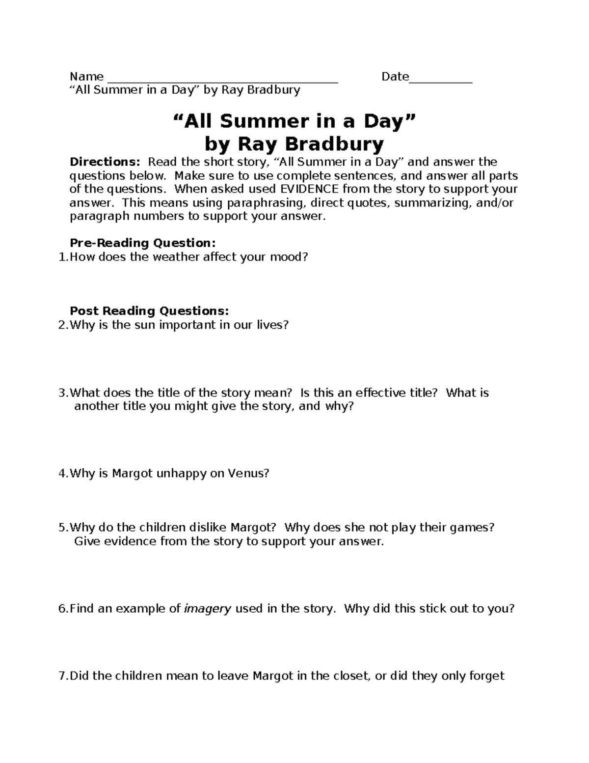 ENG 101: All Summer in a Day - Study Questions & Answers - Studocu