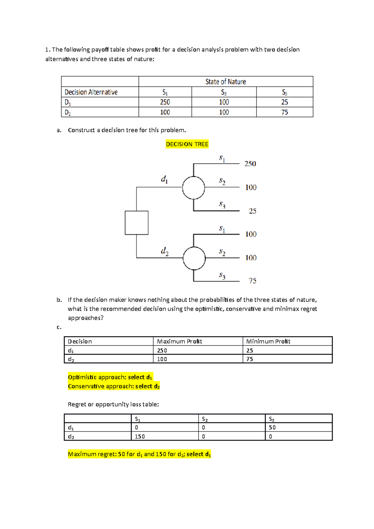 Decision Analysis: Payoff Table Strategies & Optimal Choices - Studocu