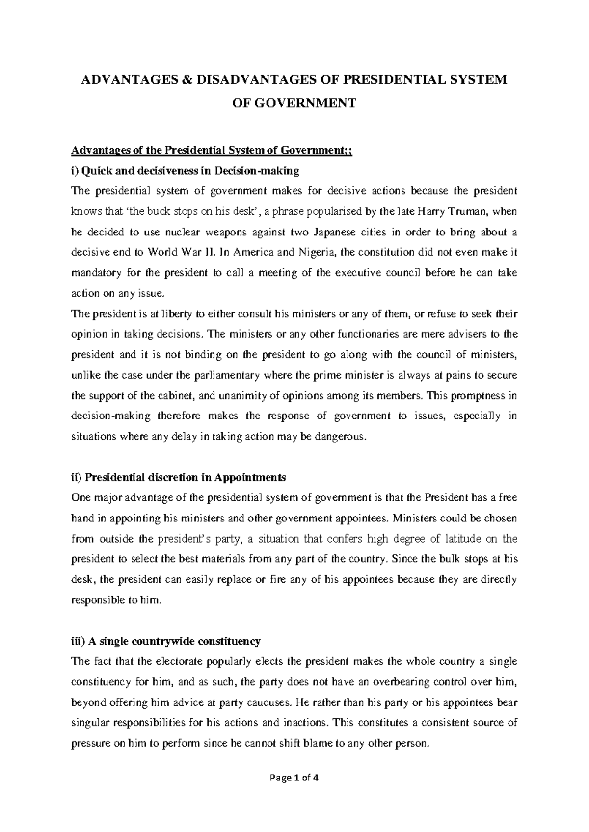 Presidential system - NOTES - ADVANTAGES & DISADVANTAGES OF ...