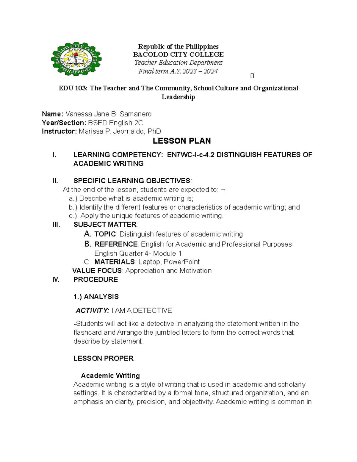 EDU 103 Lesson Plan: Features of Academic Writing - Final Term A.Y ...