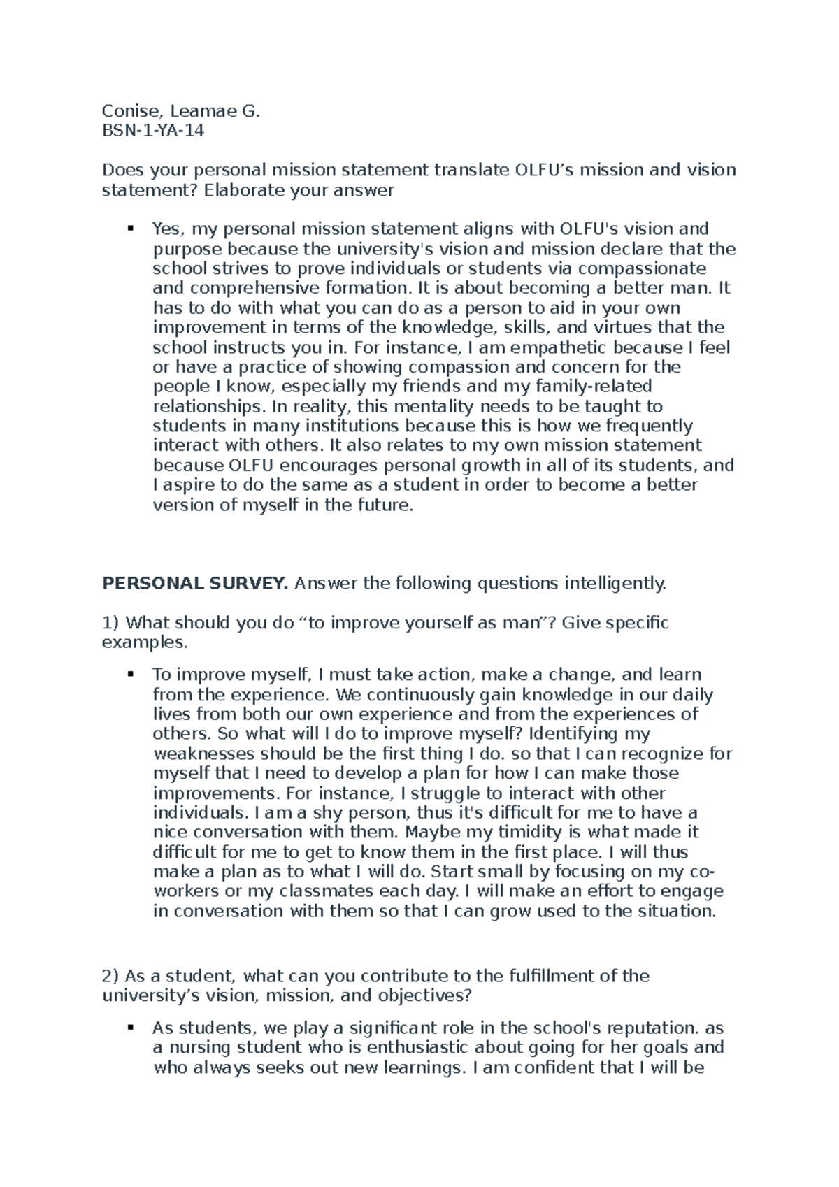 Veritas 1: Personal Mission Alignment with OLFU Mission Statements ...