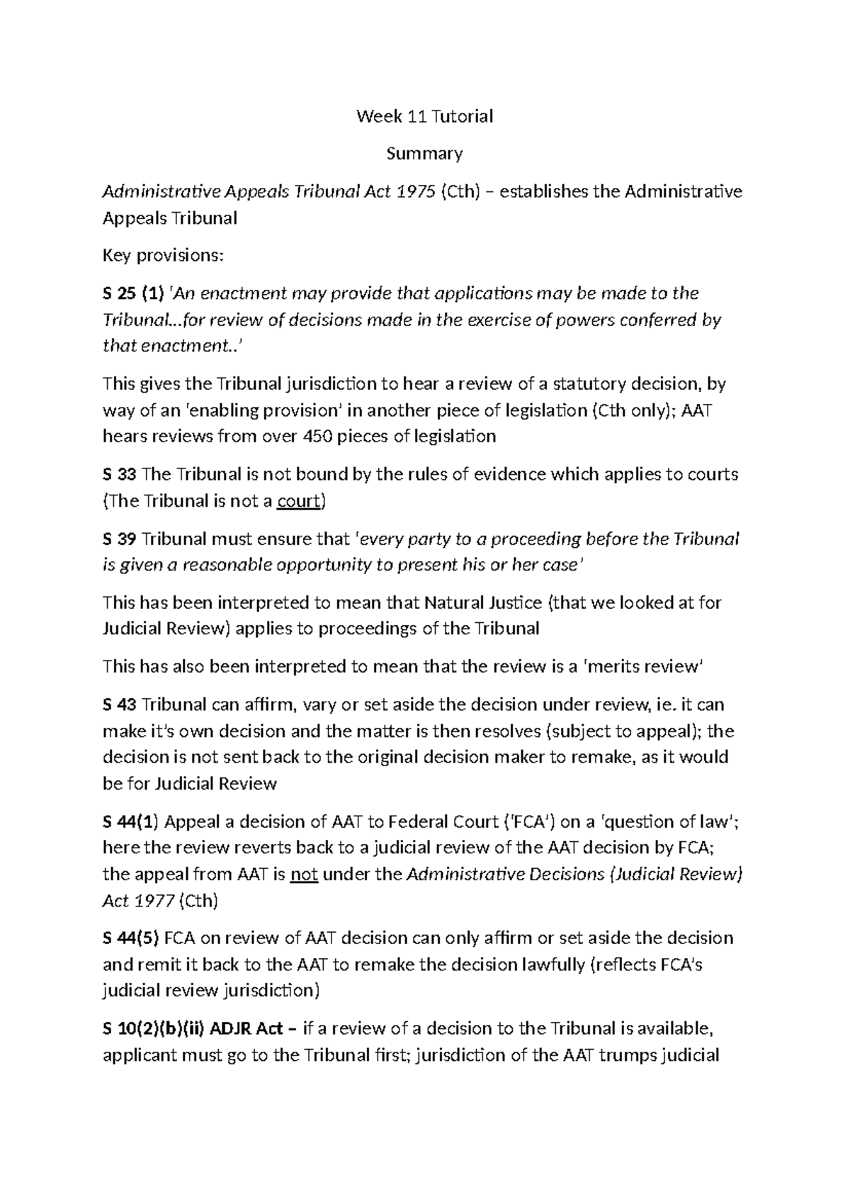 Week 11 Tutorial - Week 11 Tutorial Summary Administrative Appeals ...
