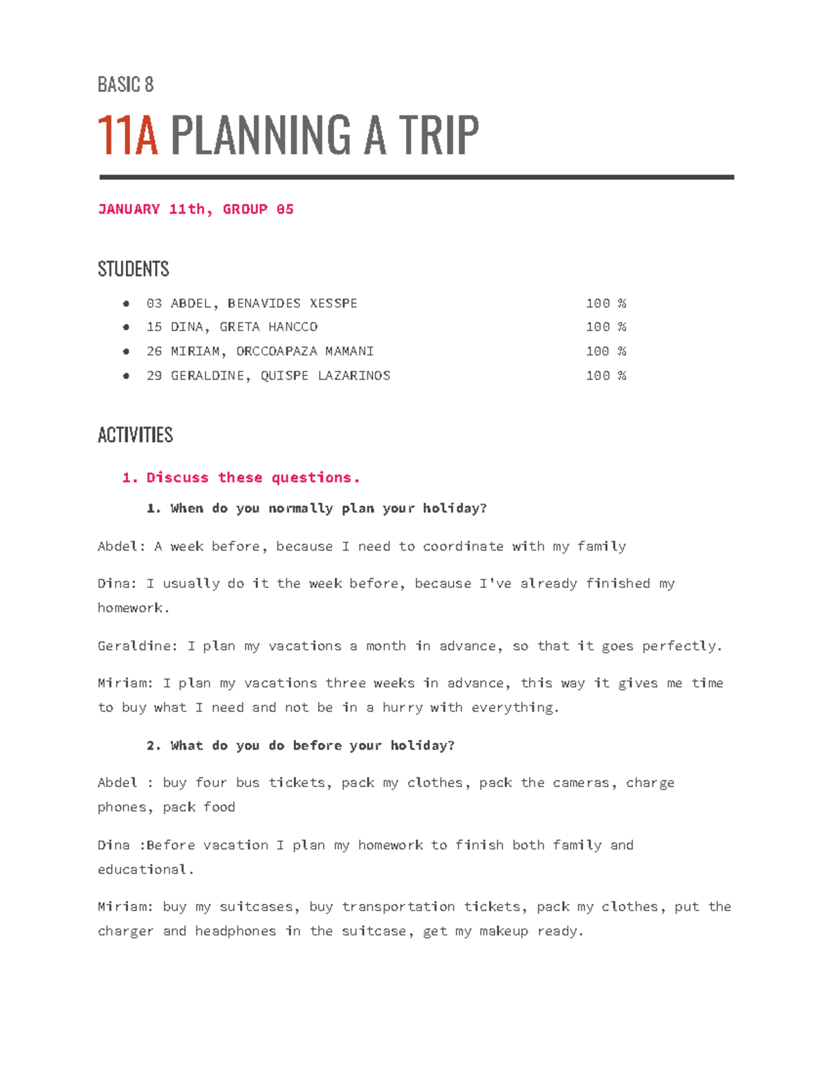 11A Planning A TRIP - 1 INGLES TAREA - BASIC 8 11A PLANNING A TRIP ...