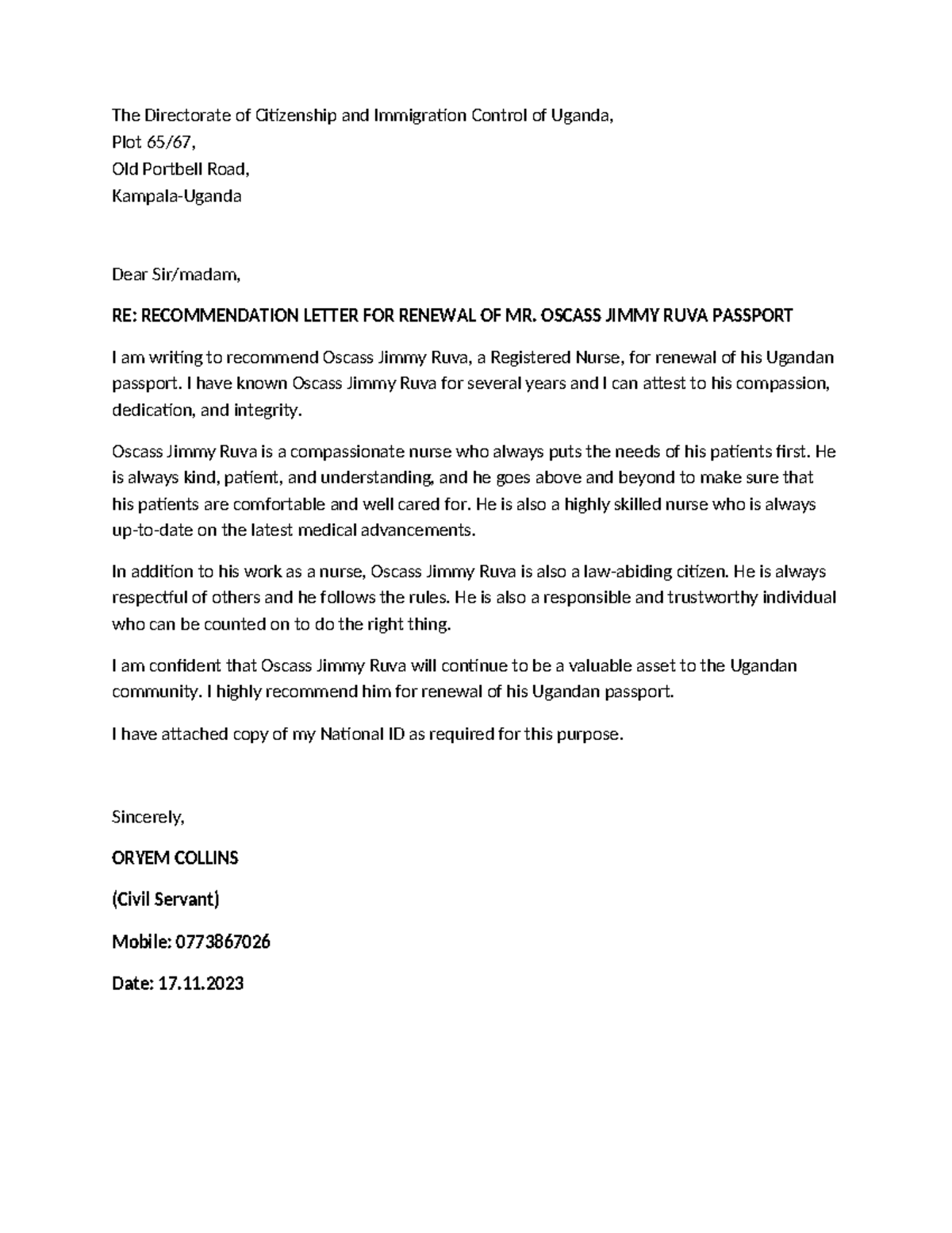Passport Renewal Recommendation for Mr. Oscass J. Ruva - Studocu