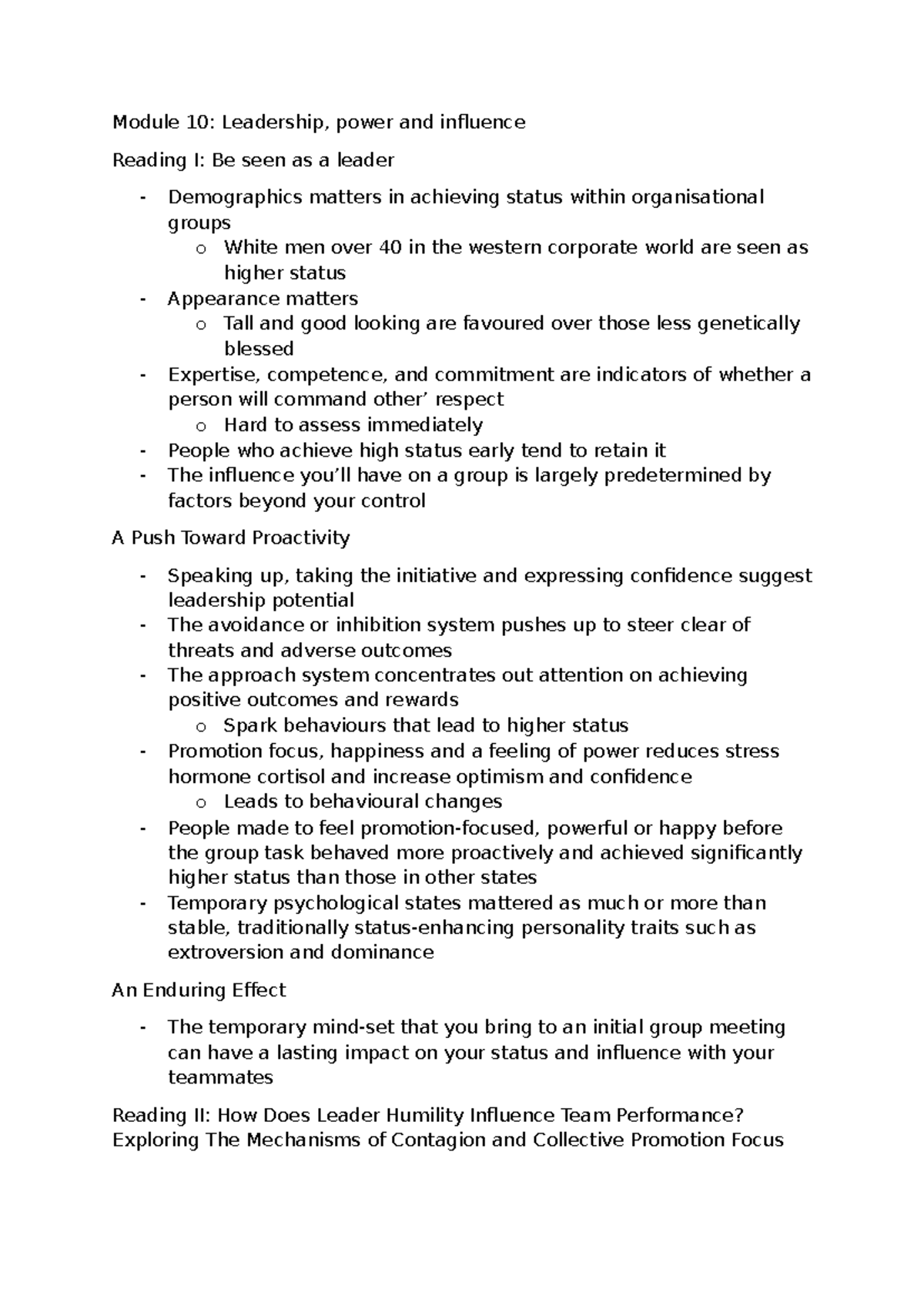 Module 10 - Module 10: Leadership, power and influence Reading I: Be ...