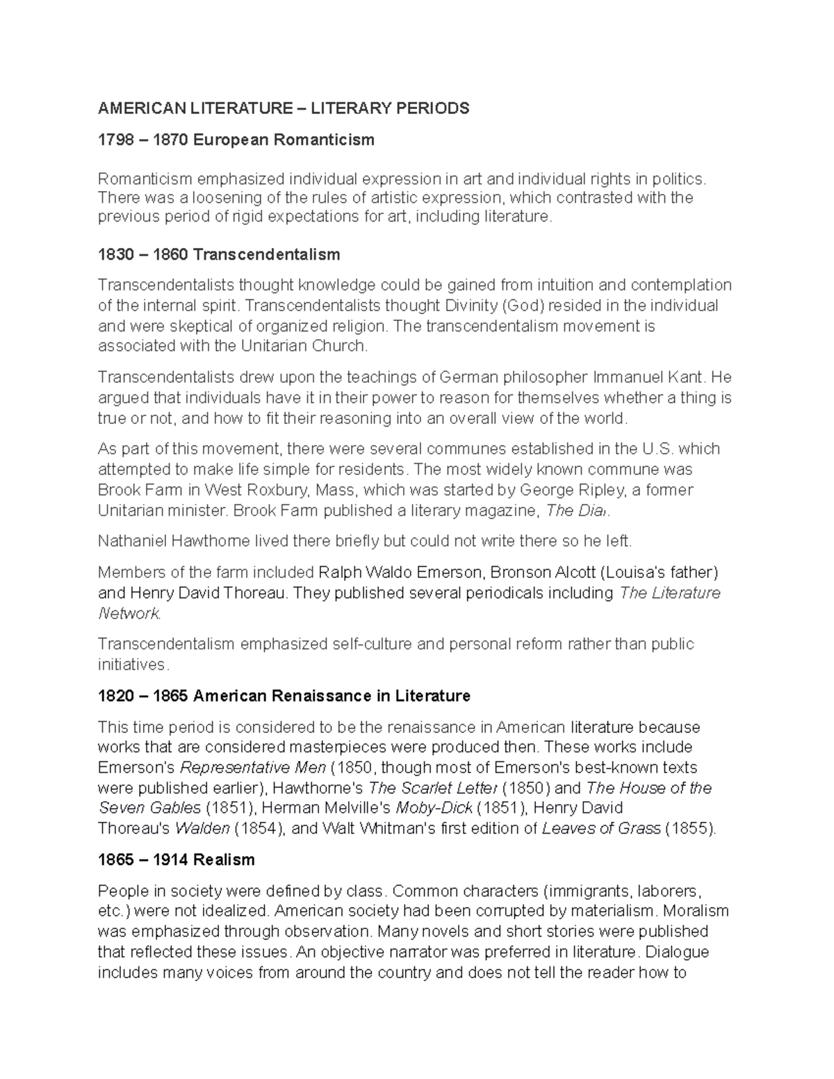 American Literature: Key Literary Periods (Final Exam Notes) - Studocu