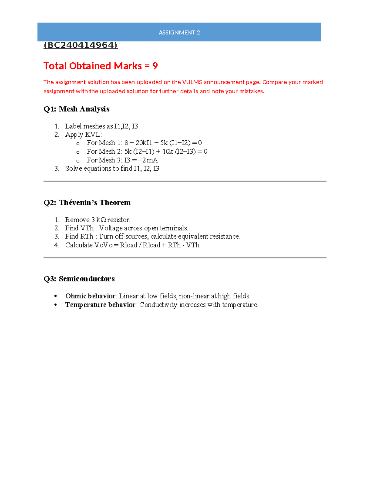 Mrk Fall 2024 PHY301 Circuit Theory Assignment Solutions - Studocu