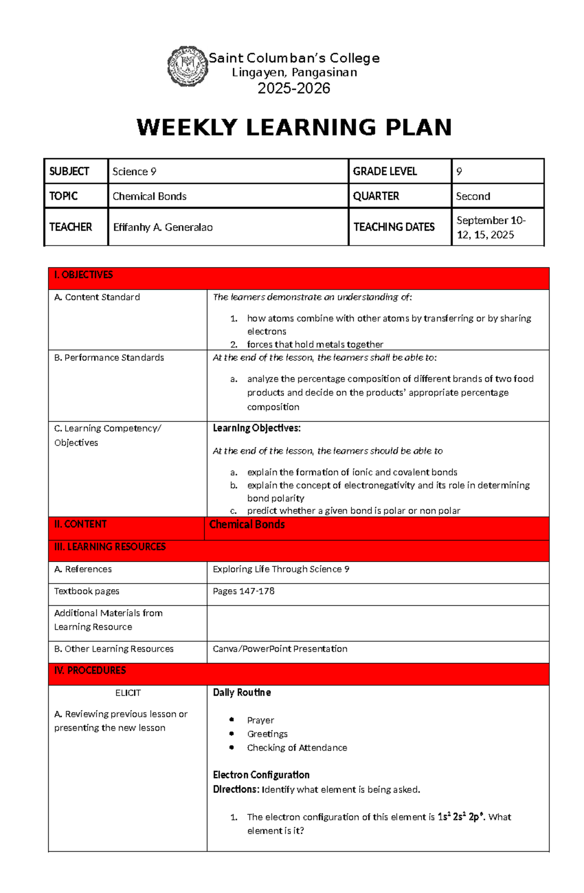 Science 9 Weekly Learning Plan: Chemical Bonds (2nd Quarter) - Studocu