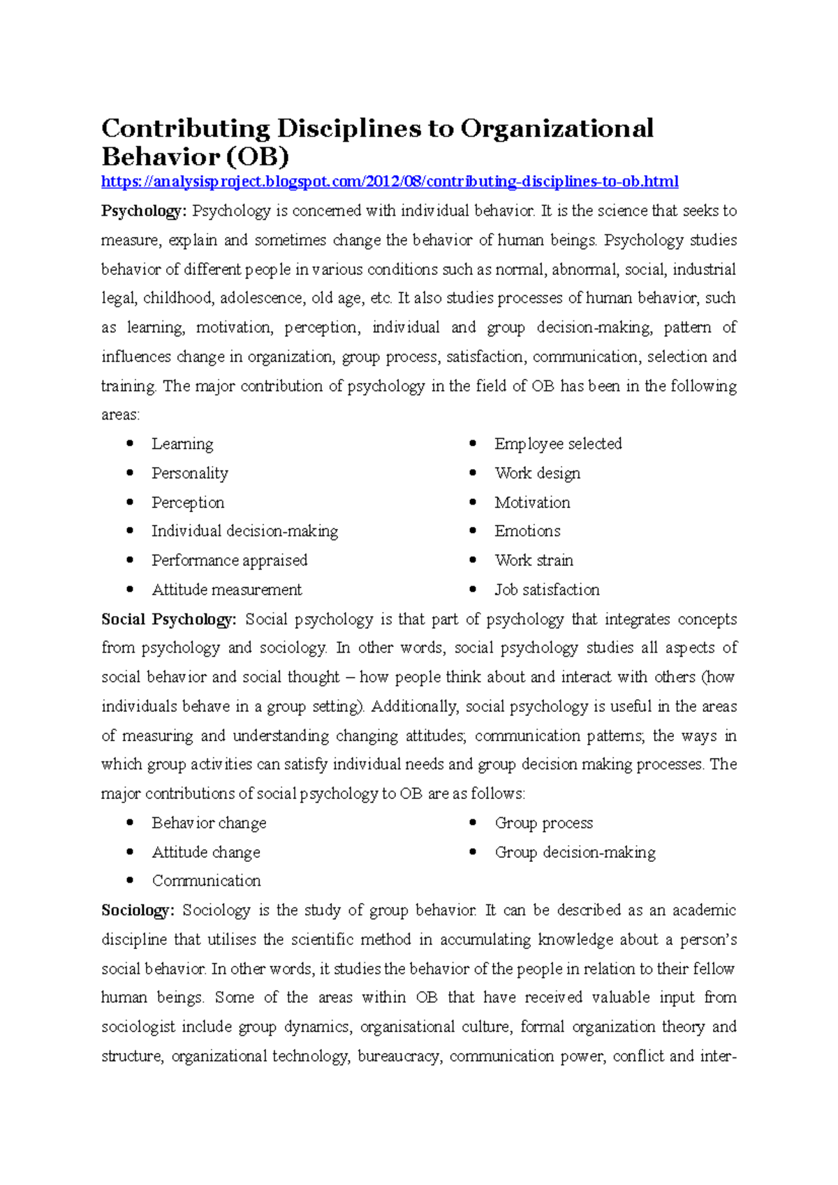 Contributing Disciplines to Organizational Behavior - Contributing ...