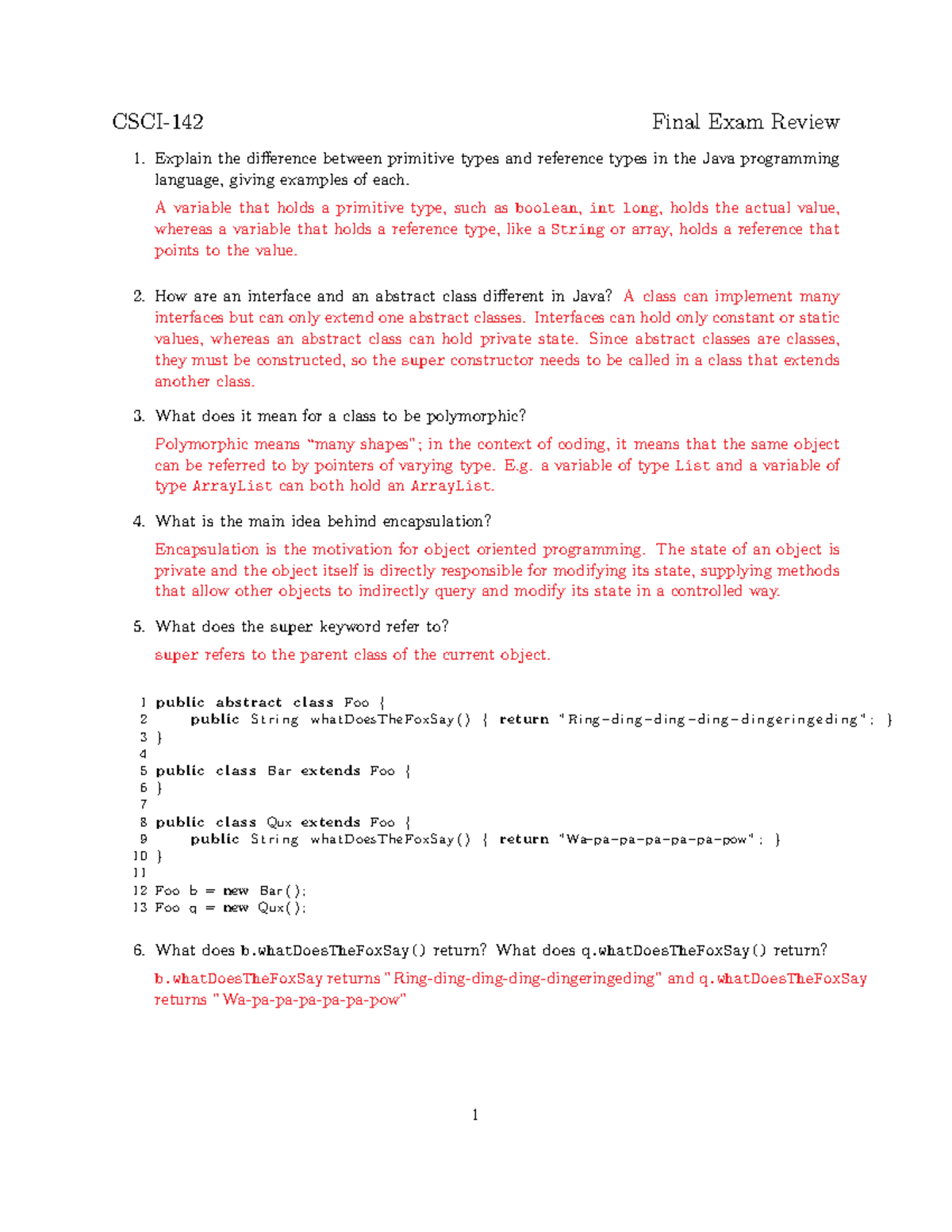 Answers - Final exam practice (solutions) - CSCI-142 Final Exam Review ...