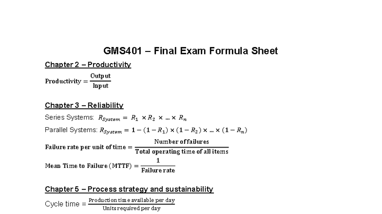 GMS401 Final Exam Formula Sheet: Key Concepts & Formulas - Studocu