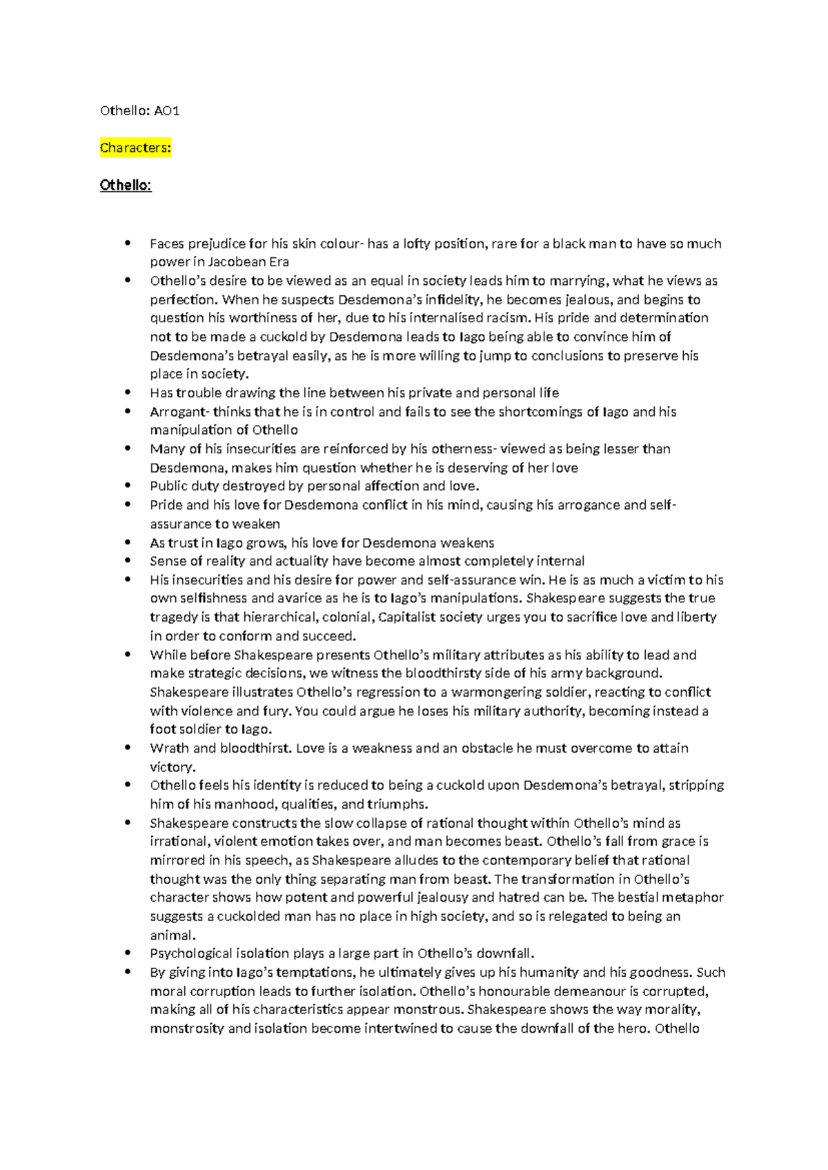 Othello: AO1 Character Analysis and Themes in Shakespeare's Tragedy ...