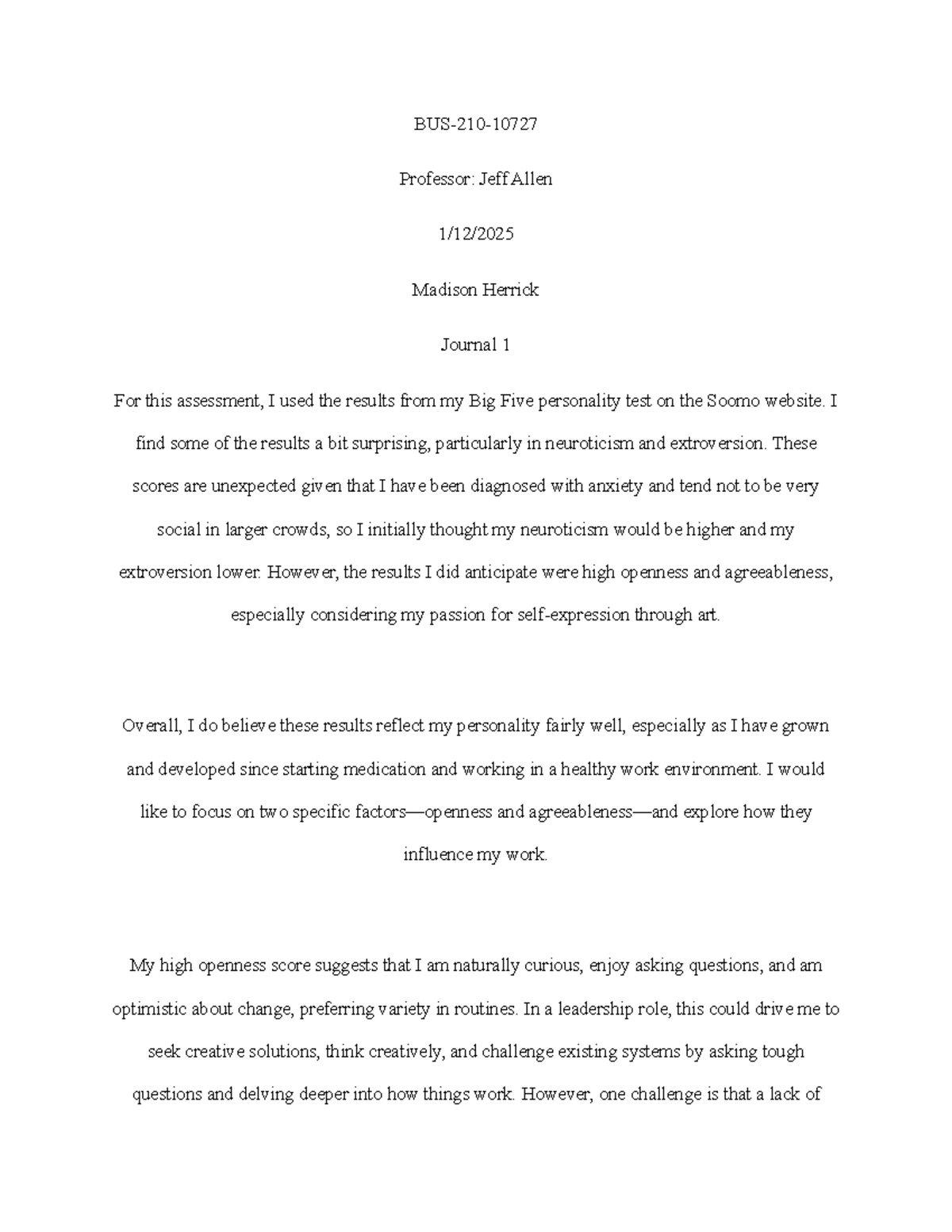 Bus 210 journal 1 - assigment - BUS-210- Professor: Jeff Allen 1/12 ...